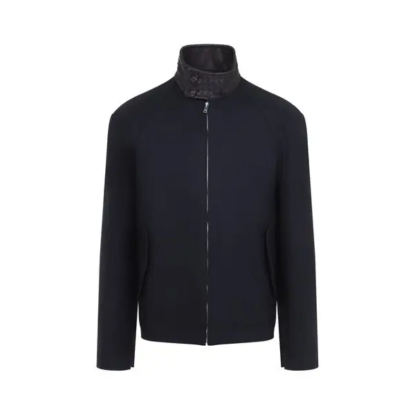 Bottega Veneta Harrington Jacket In Midnight Compact Cotton Gabardine With Intrecciato Leather Collar - Blue