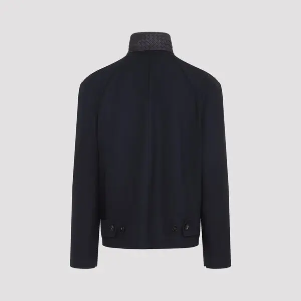 Bottega Veneta Harrington Jacket In Midnight Compact Cotton Gabardine With Intrecciato Leather Collar