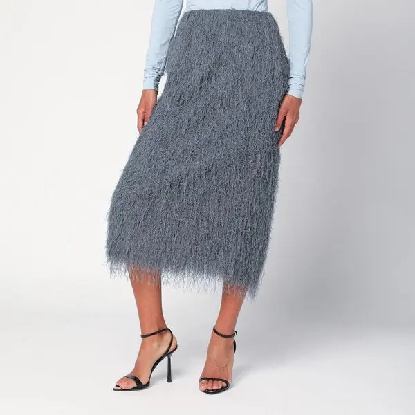 Dries Van Noten Dark Grey Midi Skirt With Fringes - Gray