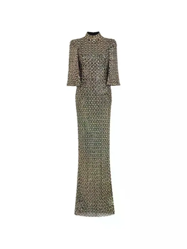 Jenny Packham Maxi Sedona Dress With Mock Neck And 3/4 Sleeves