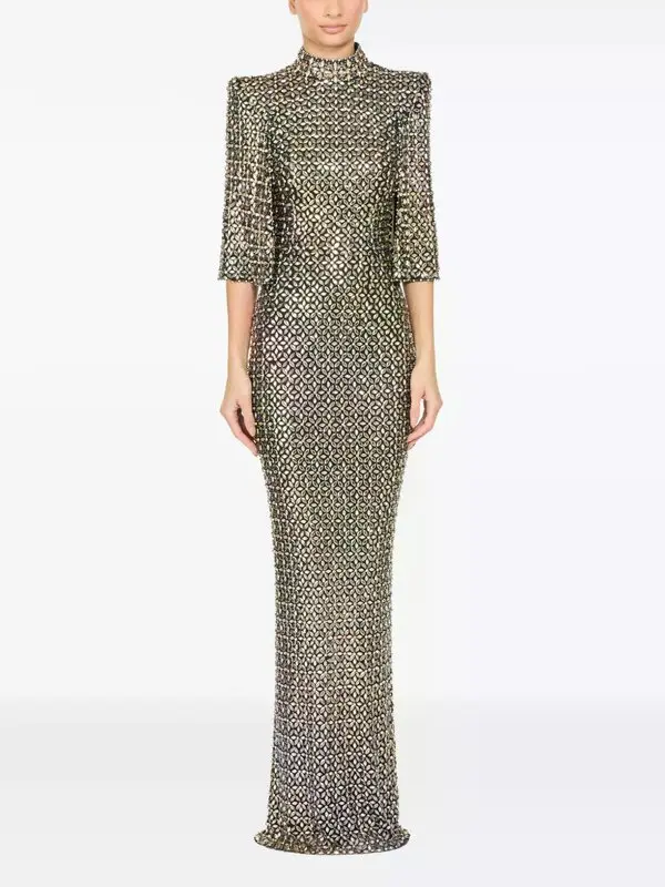 Jenny Packham Maxi Sedona Dress With Mock Neck And 3/4 Sleeves