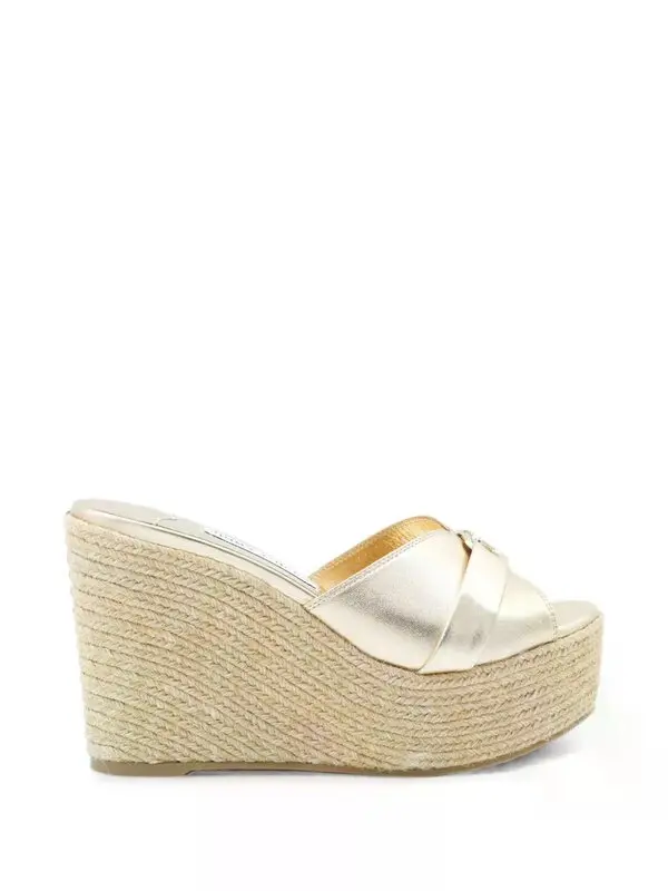 JIMMY CHOO Leda Wedge Mules Tone Metallic Platform Espadrilles