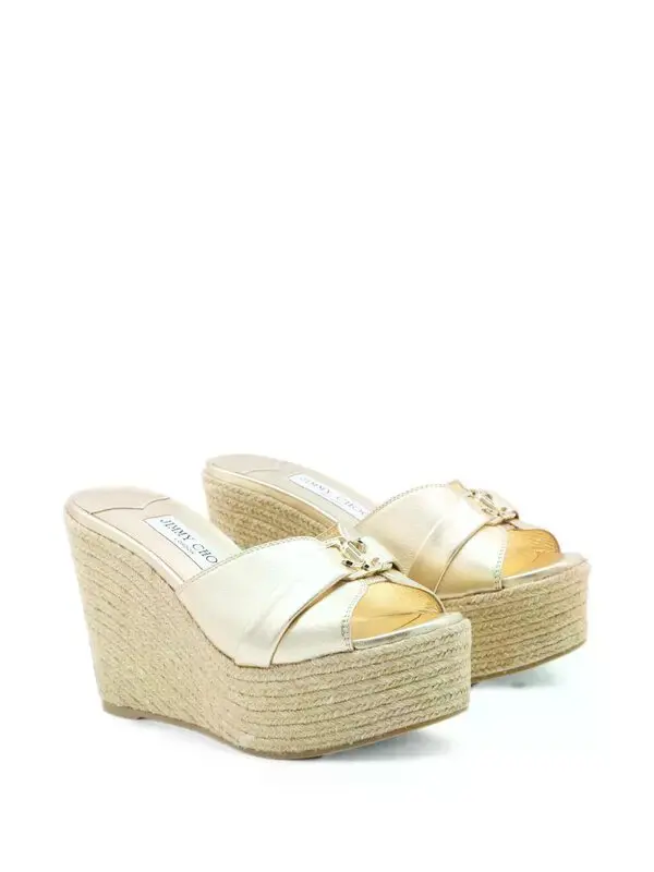 JIMMY CHOO Leda Wedge Mules Tone Metallic Platform Espadrilles