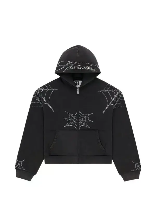 SP5DER Rhinestone Embellished Web Print Hoodie - Black