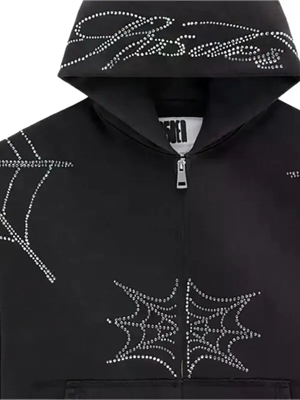 SP5DER Rhinestone Embellished Web Print Hoodie - Black