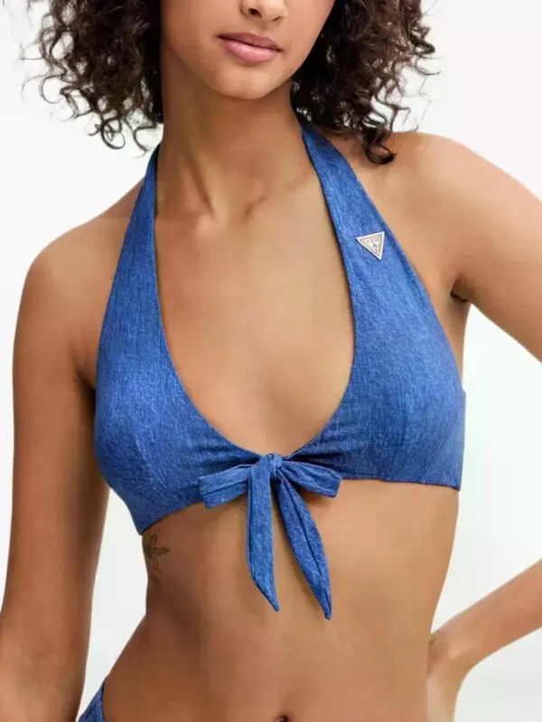 Guess Halterneck Logo Plaque Bikini Top - Blue