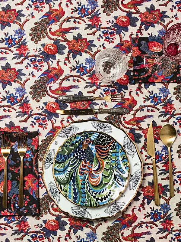La DoubleJ Peacock Print Napkin - Red