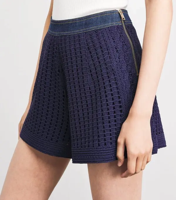 Sandro Crochet Denim-trim Shorts - Blue