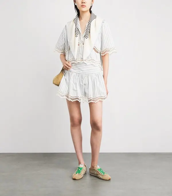 Sandro Cotton Stripe Mini Skort With Embroidered Lace Trim