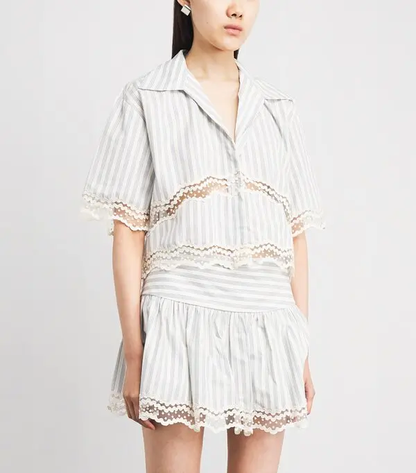 Sandro Striped Cotton Shirt With Lace Trim - Blue