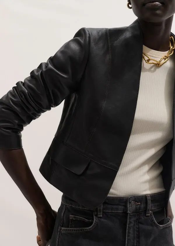 ME+EM Cropped Leather Jacket Black Brown