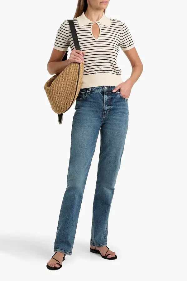 FRAME The Keyhole Striped Cotton And Modalblend Polo Shirt