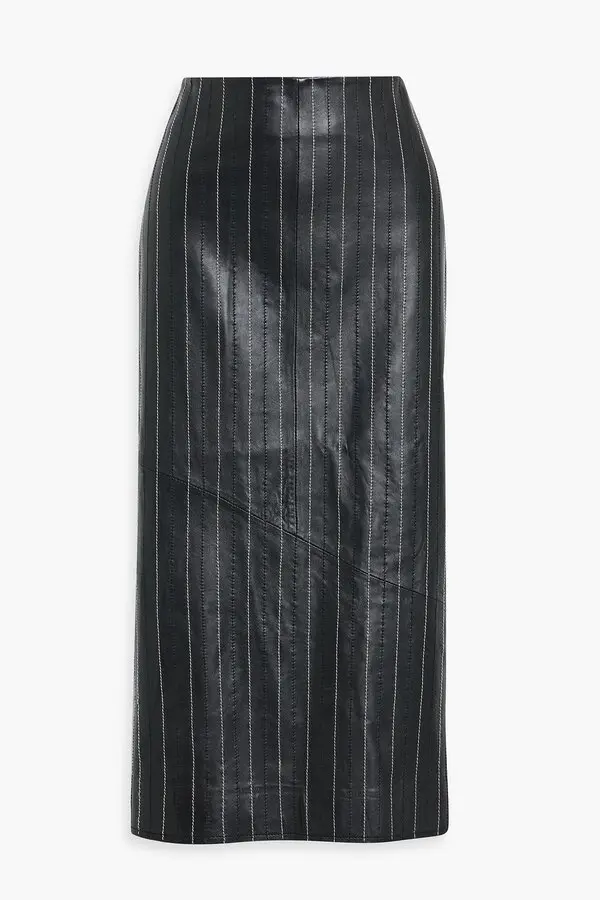 Victoria Beckham Embroidered Pinstriped Leather Midi Skirt - Black