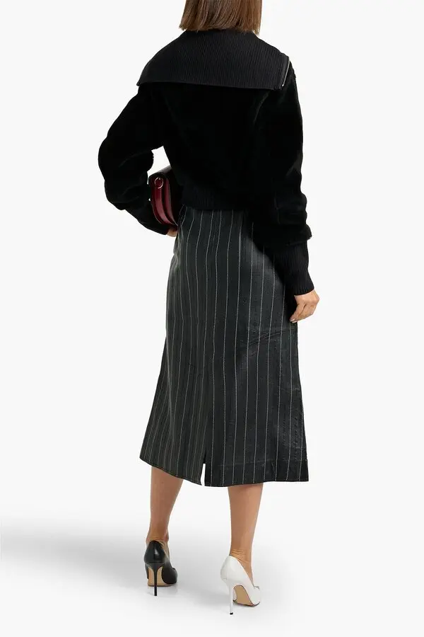 Victoria Beckham Embroidered Pinstriped Leather Midi Skirt