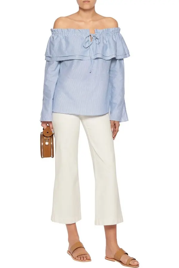 Walter Baker Jerry Offtheshoulder Ruffled Striped Cottonpoplin Top