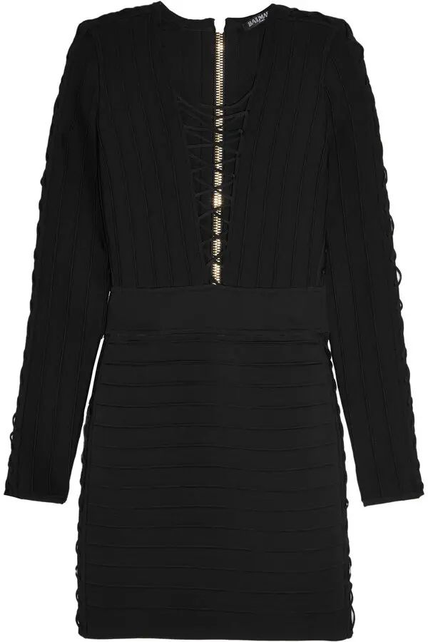 Balmain Laceup Ribbed Stretchknit Mini Dress - Black