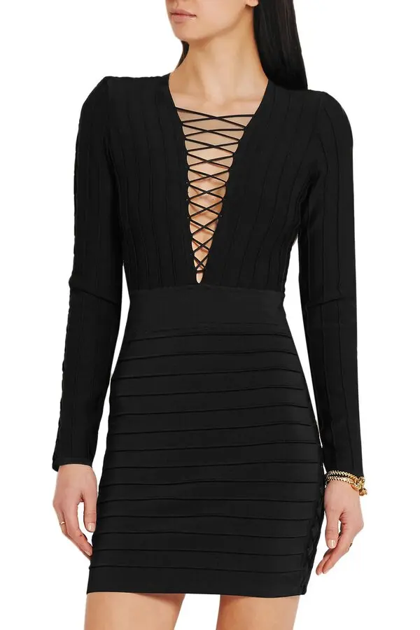 Balmain Laceup Ribbed Stretchknit Mini Dress