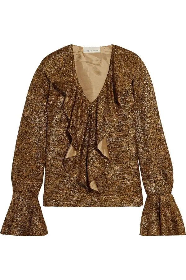 Merchant Archive Metallic Fil Coupé Ruffled Blouse