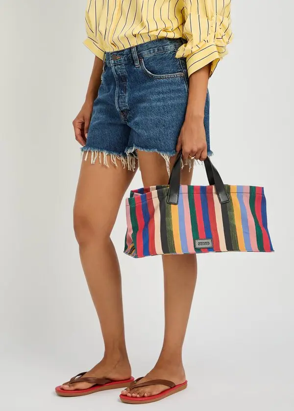 Staud Port Striped Leather And Canvas Tote
