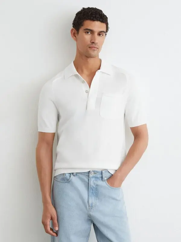 REISS Selkirk Cotton Knit Concealed-placket Polo - White