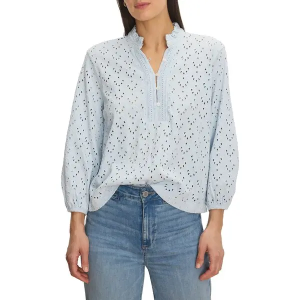 NIC+ZOE Eyelet Embroidered Ruffle Trim Cotton Top - Crystal