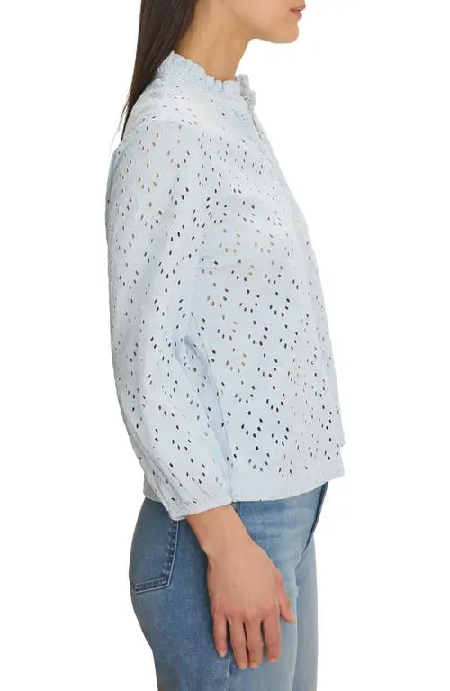 NIC+ZOE Eyelet Embroidered Ruffle Trim Cotton Top - Crystal