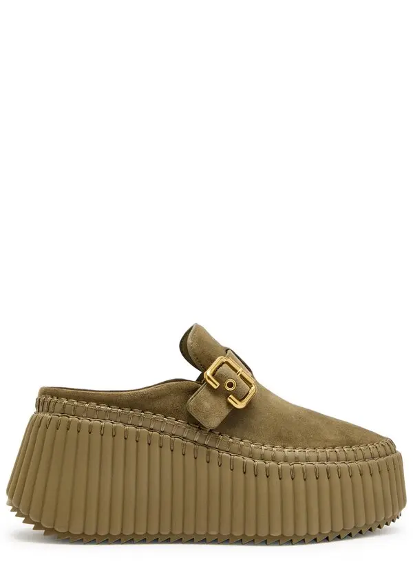 Chloé Nama Platform Wedge Suede Mules