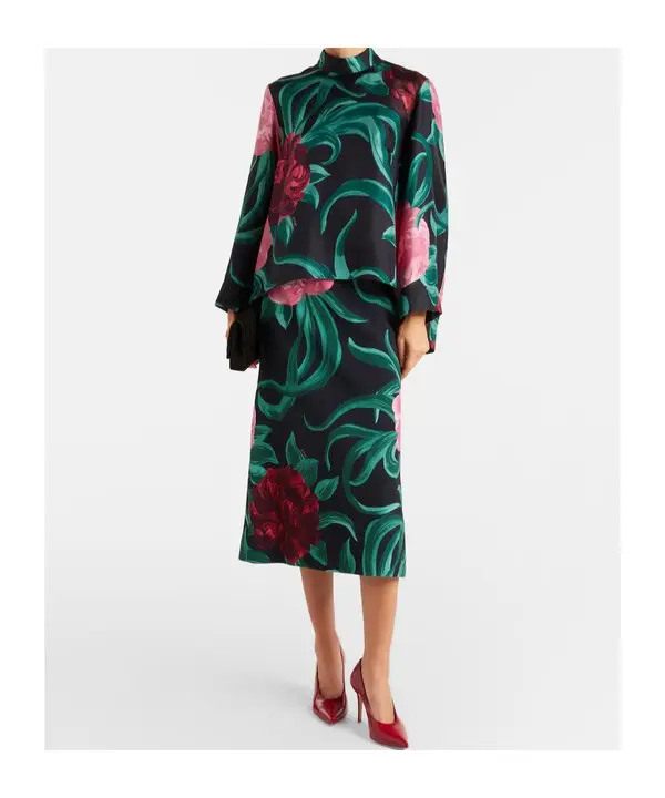 La DoubleJ Floral Satin Pencil Skirt