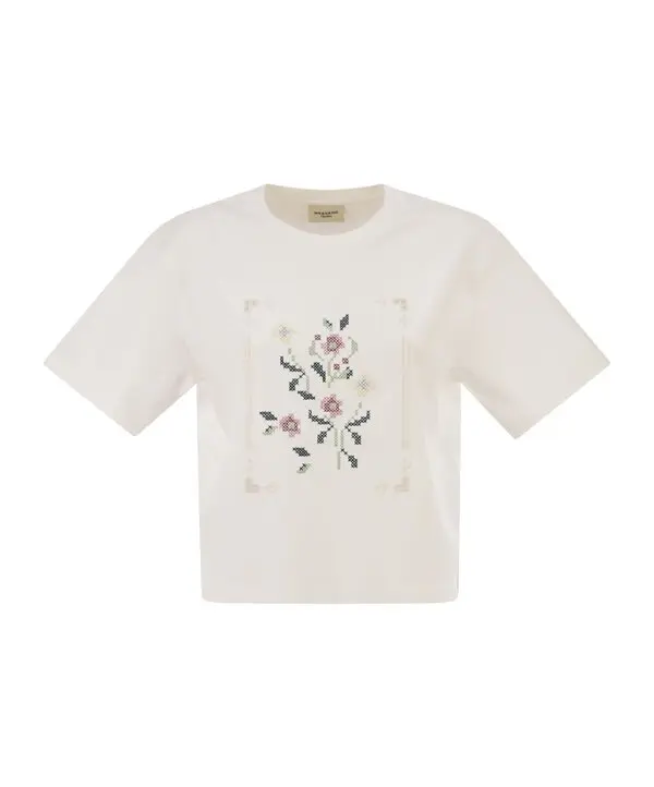 Max Mara Short-sleeved Cross-stitch Floral T-shirt - White