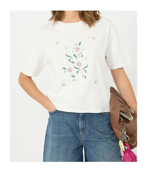 Max Mara Short-sleeved Cross-stitch Floral T-shirt - White
