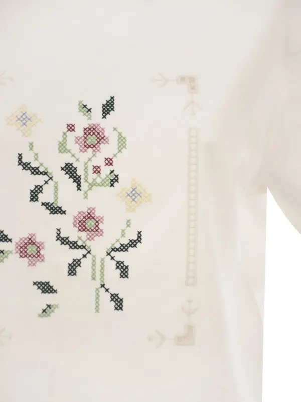 Max Mara Short-sleeved Cross-stitch Floral T-shirt - White