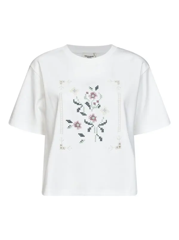 Max Mara Short-sleeved Cross-stitch Floral T-shirt - White