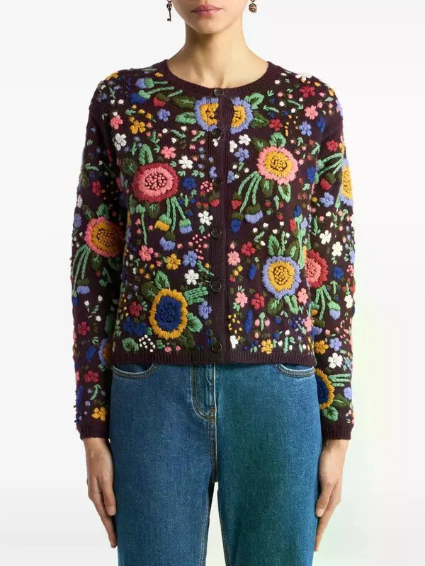 Etro Wool Cardigan With Floral-embroidery - Purple