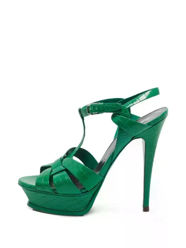 Saint Laurent Tribute Croc-embossed Leather Platform Stiletto Sandals - Green