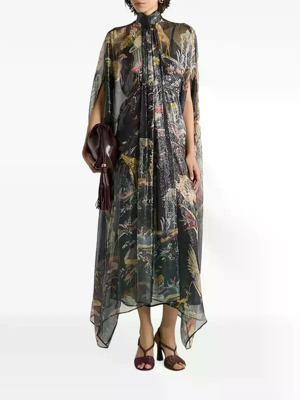 Etro Long Silk Dress With Cape Detail And Floral/animal Print - Black
