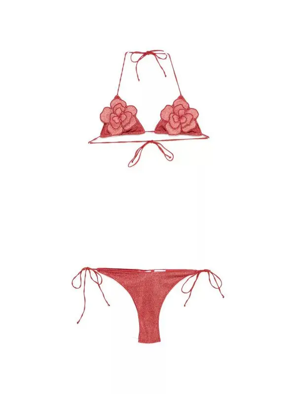 Oseree Floral-applique Glitter-effect Bikini - Red