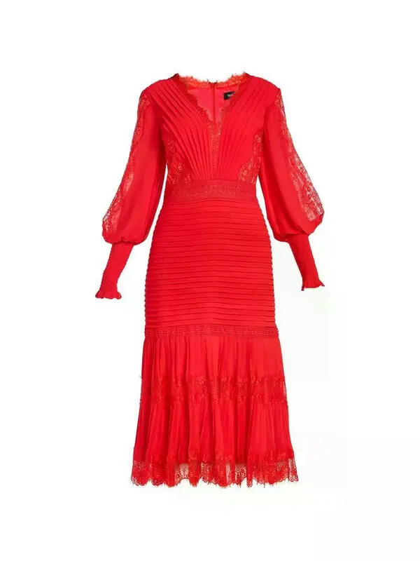 Tadashi Shoji Maxi Nyssa Bishop Lace-panelled Pleated Dress - Red