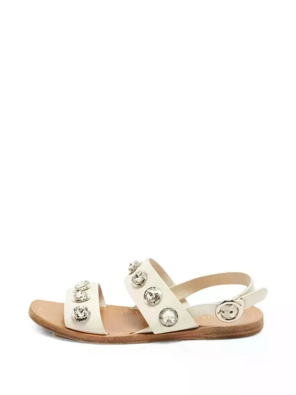 Prada Leather Crystal Embellished Slingback Flat Sandals - White