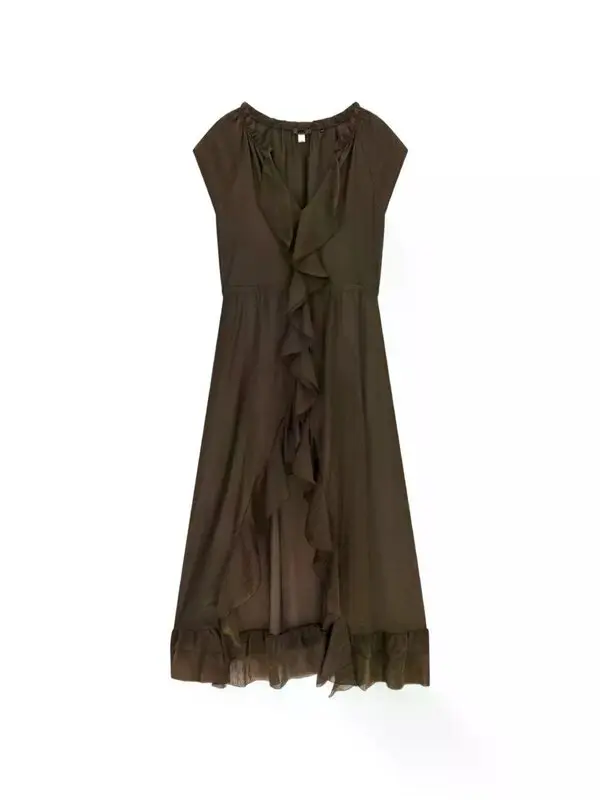 Guess Ruffled Trim High-low Dress With V-neck And Cap Sleeves - Brown
