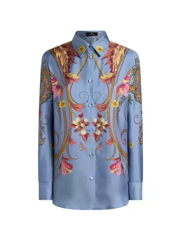 Etro Silk Shirt With Placed Floral Paisley Print - Blue