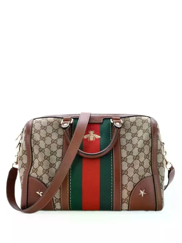 Gucci Vintage Bee Web Boston Bag Gg Canvas Medium Satchel
