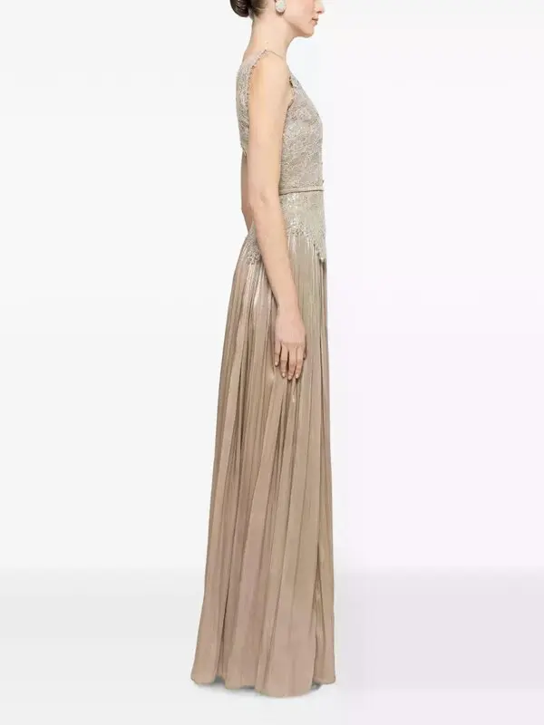 NISSA Lace Panel Sequined Chiffon Maxi Dress