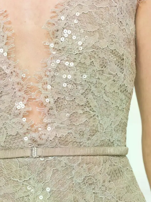 NISSA Lace Panel Sequined Chiffon Maxi Dress