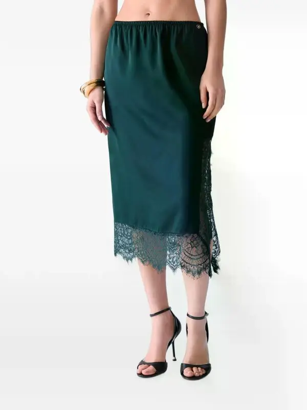 Liu Jo Satin Midi Skirt With Valenciennes Lace - Green