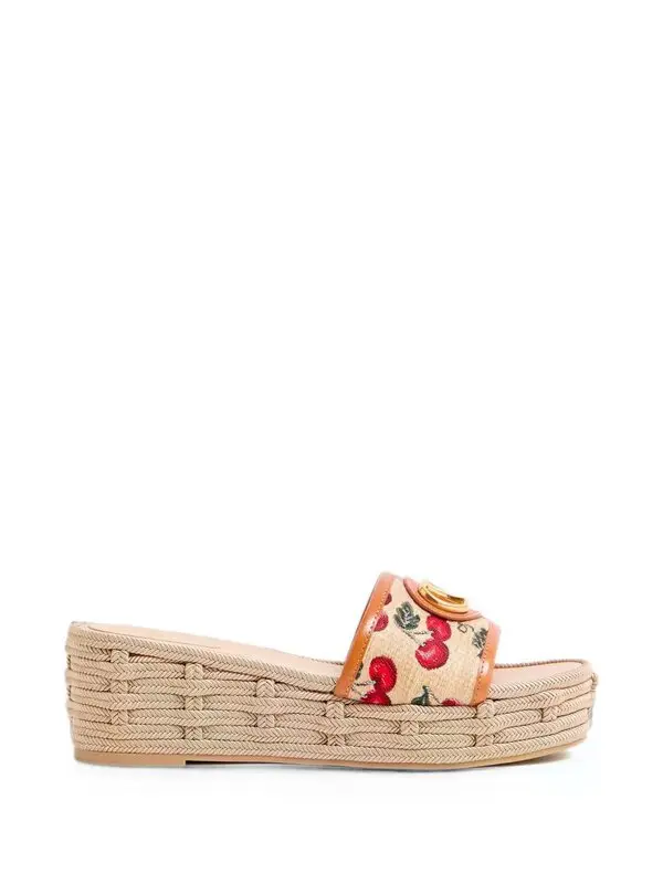 Valentino Garavani Vlogo Signature Flatform Sandals In Jacquard Raffia With Cherryfic Motif - Neutrals