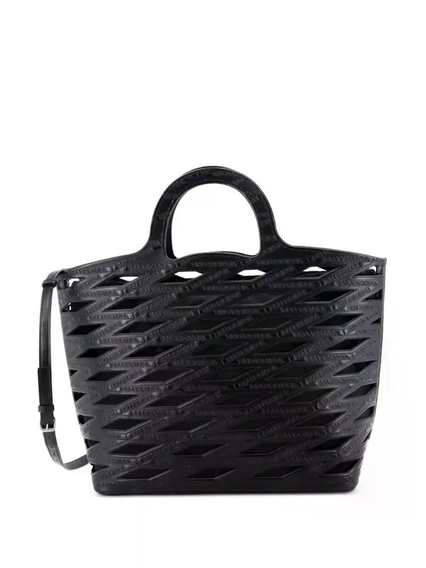 Balenciaga Neo Basket Bag Cutout Embossed Leather Large Tote Bag - Black