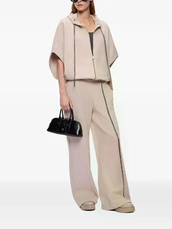 Pinko Short-sleeve Zip-up Hoodie With Chain Drawstrings - Neutrals