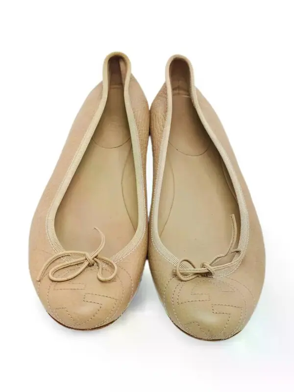 Gucci Beige Leather Interlocking Gg Bow Ballet Flats