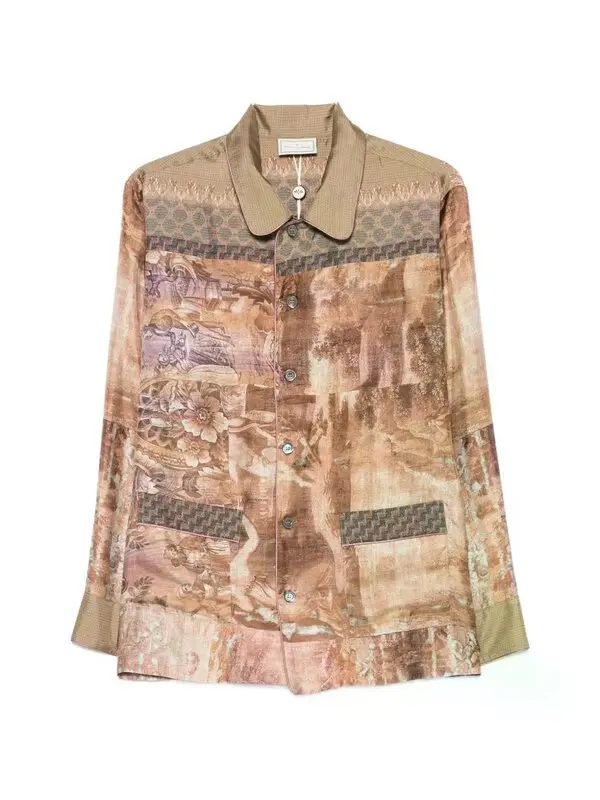 PIERRE-LOUIS MASCIA Graphic-print Button-up Silk Shirt - Neutrals