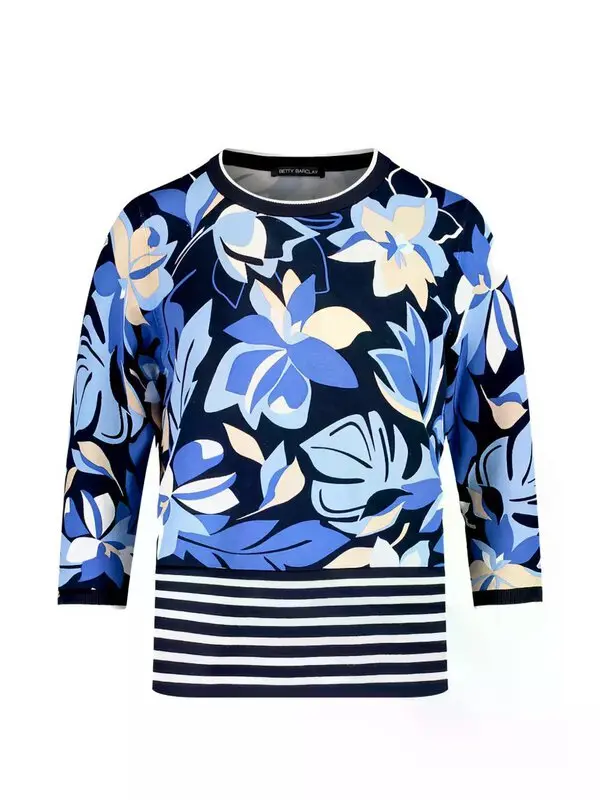 BETTY BARCLAY Floral-print Striped-hem Sweater - Blue